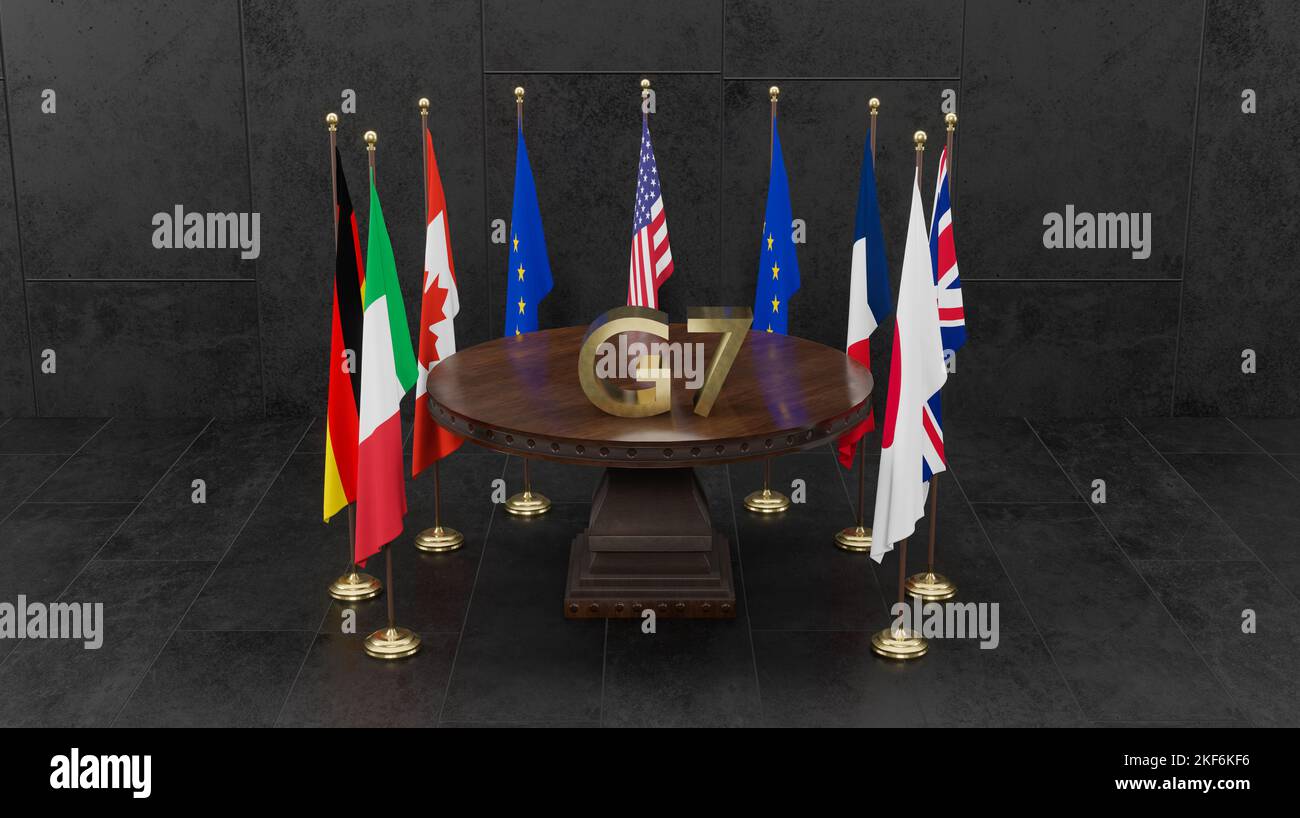 G7 summit. flags of members of G7 group of seven and list of countries ...