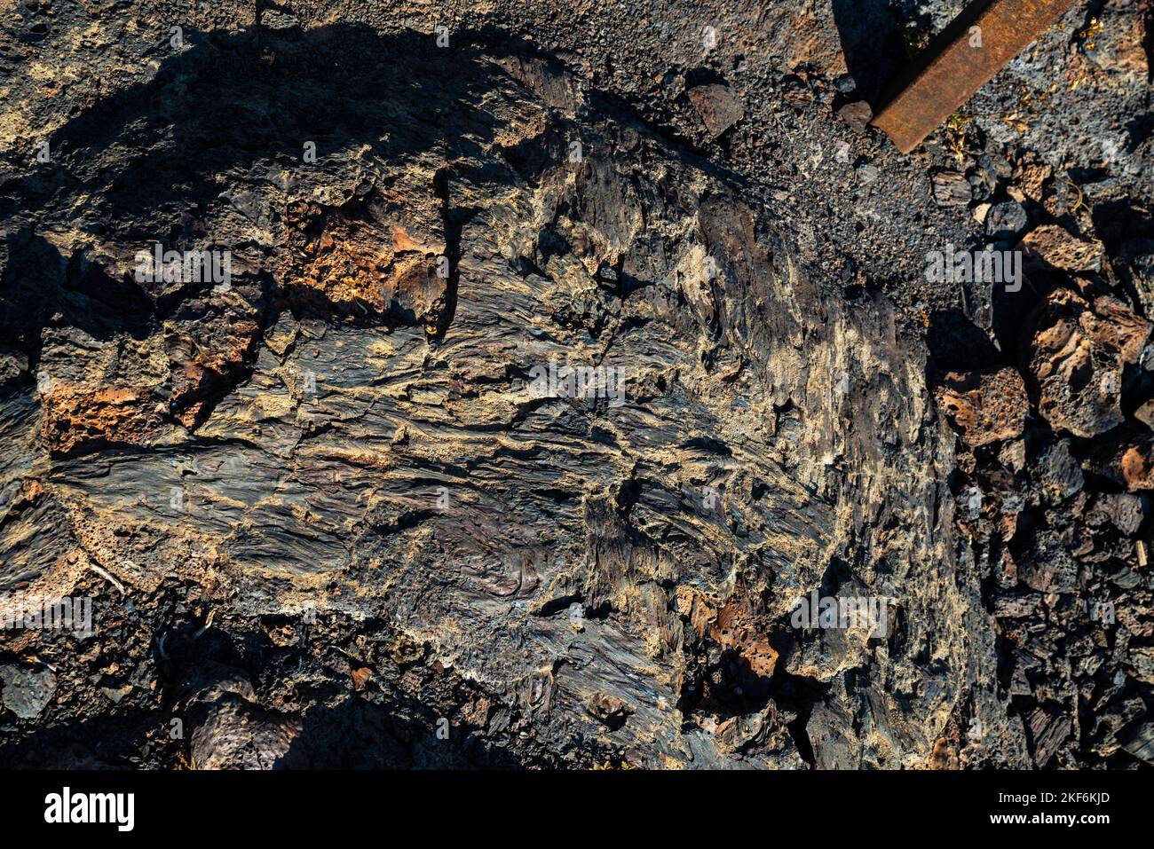 Photograph of a tree mold, where lava cooled on the bark of a downed ...