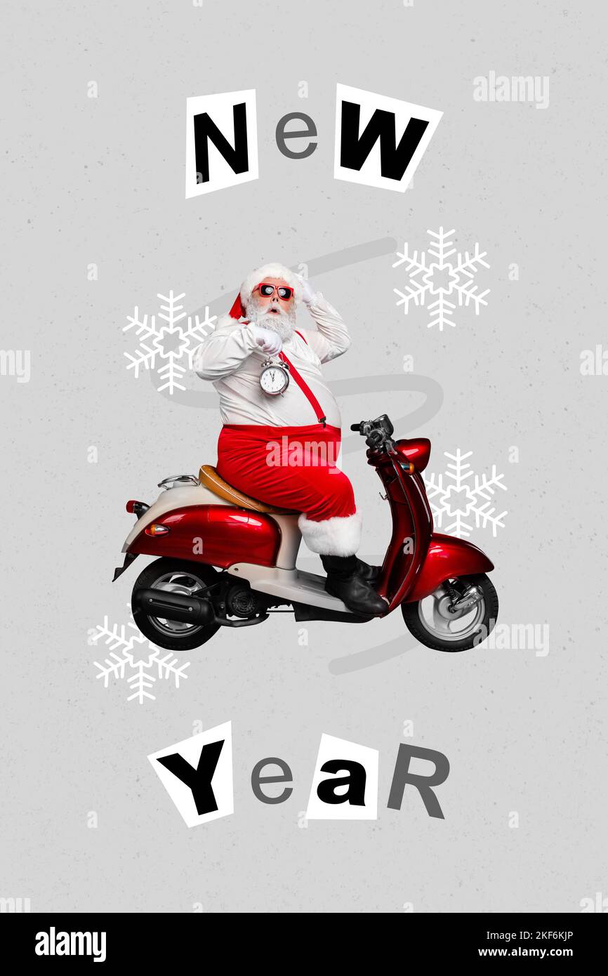 Vertical collage image of amazed funky aged santa drive moped bike hold ...