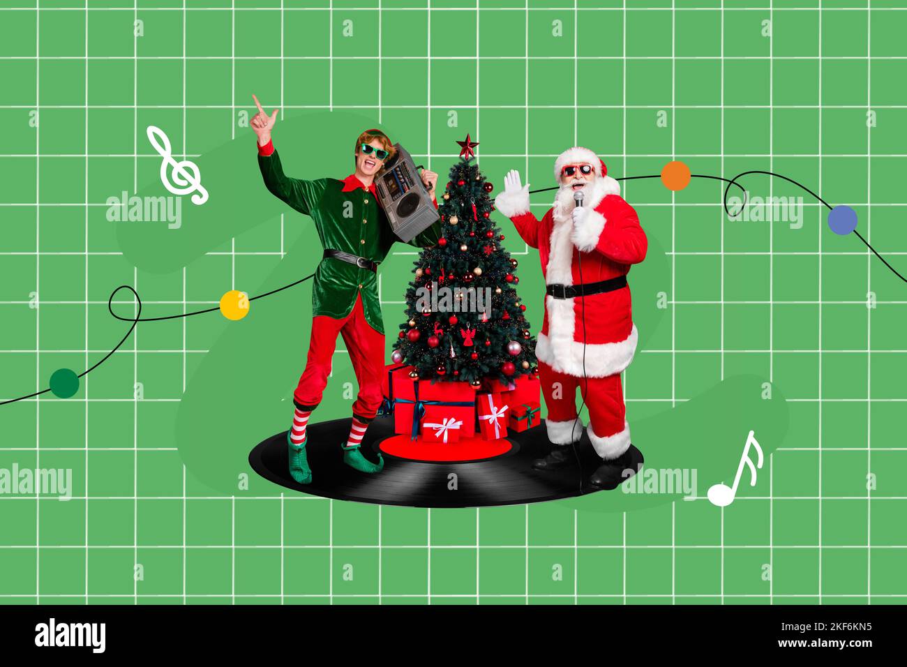 Collage picture of cool overjoyed elf guy santa claus stand big vinyl ...