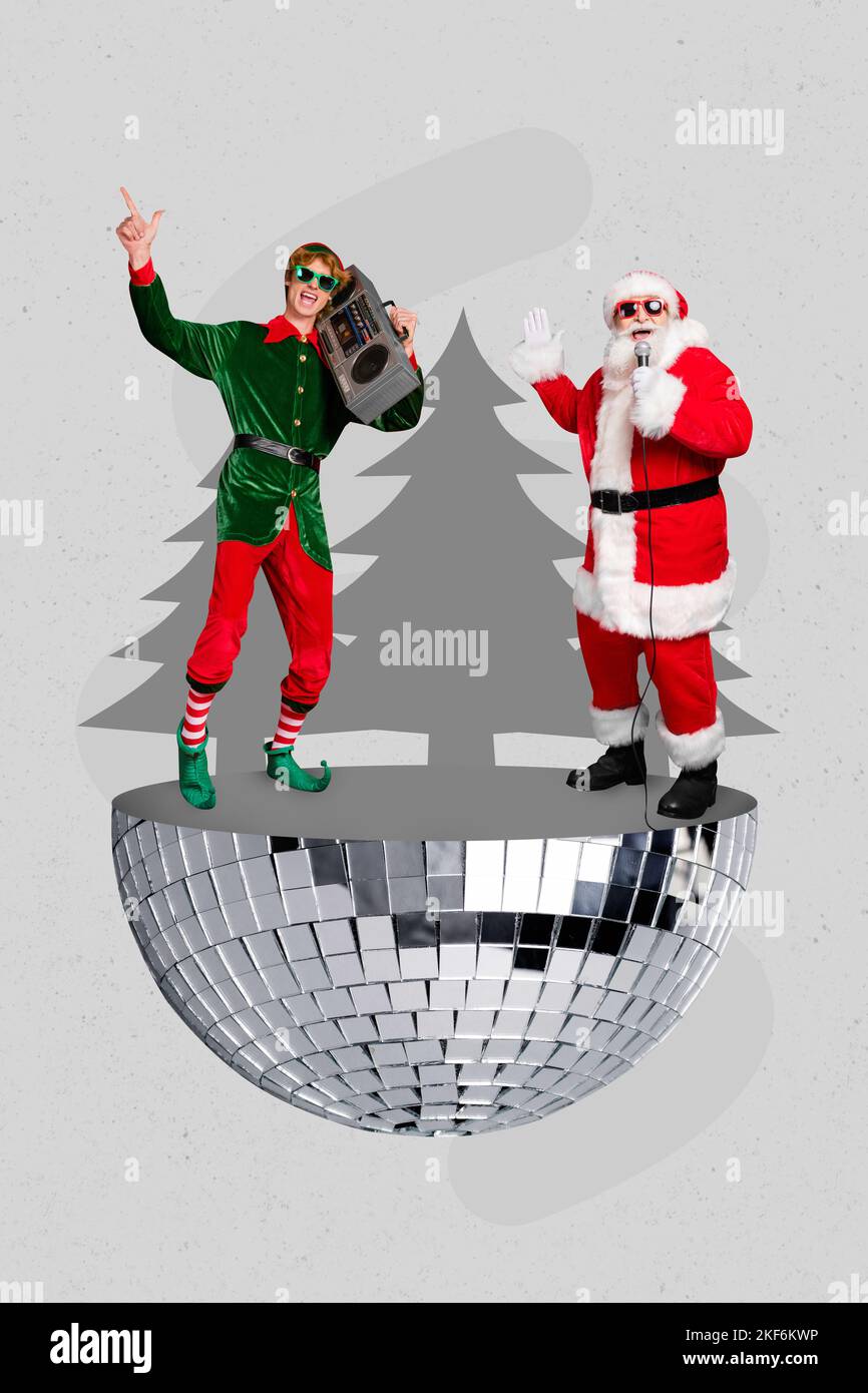 Vertical collage image of excited cool santa elf assistant hold boombox ...