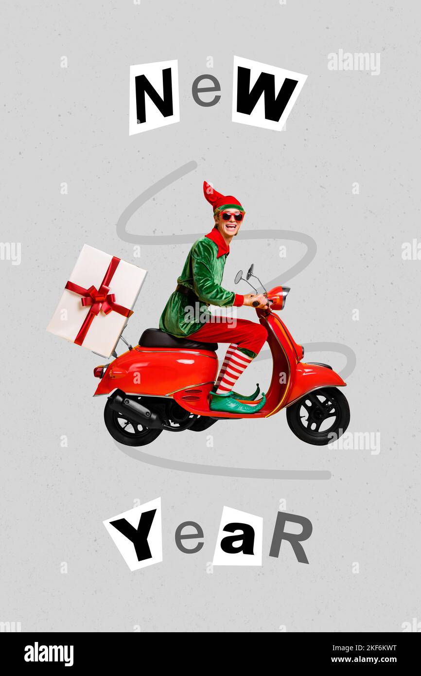 Vertical collage image of excited funky elf guy driving moped bike ...