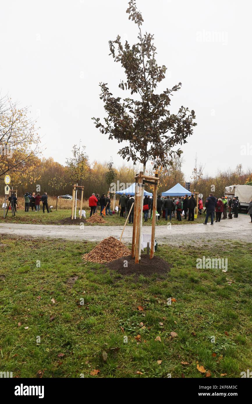 Weimar, Germany. 16th Nov, 2022. Participants at an event stand by one ...