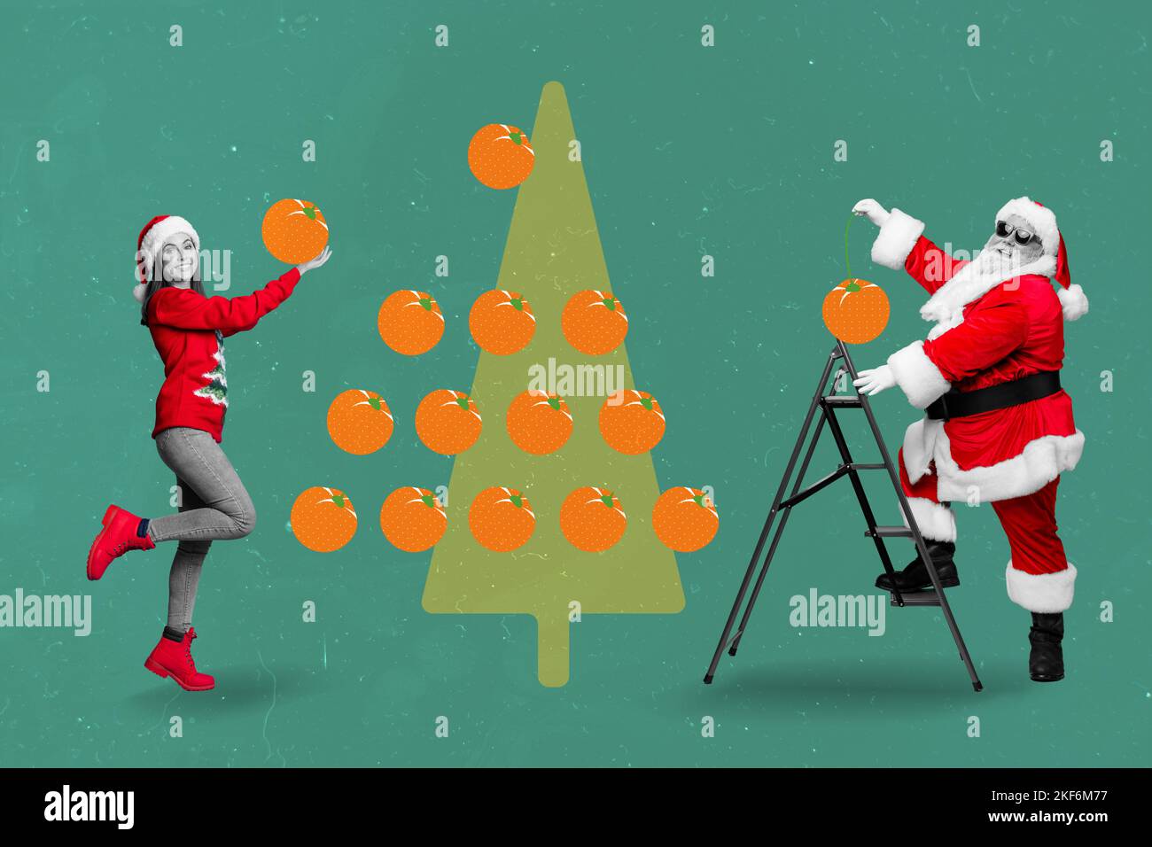 Collage illustration of excited funky santa girl helper hold hanging ...