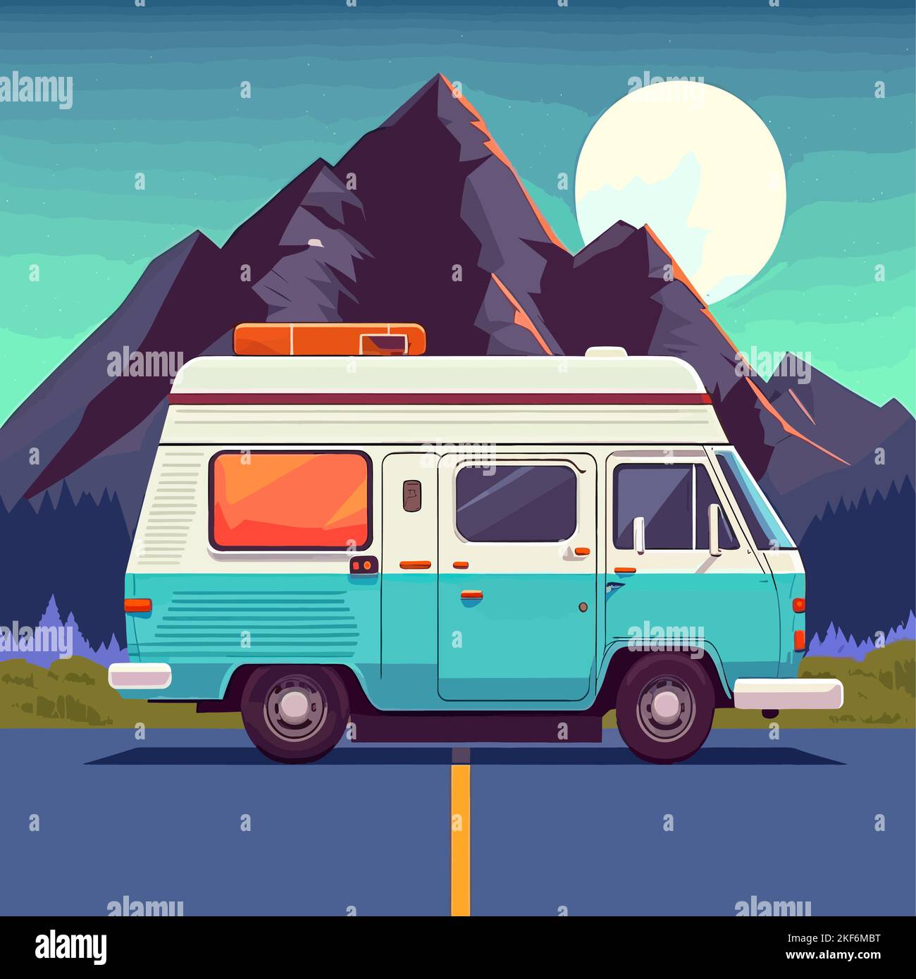 A Vector design of a camper van on the road with mountains in the ...