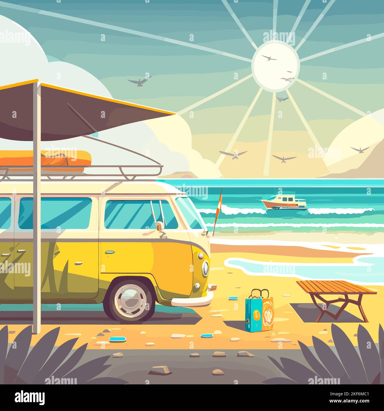 A vector design of a camping van parked at the beach on a sunny day ...