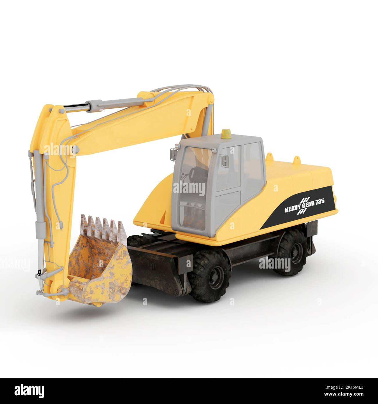 A side view of a 3D-rendered holland diecast excavator model against a ...