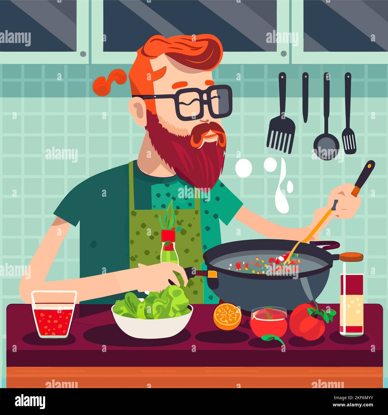 A vector of a hipster cooking a healthy meal in the kitchen Stock ...