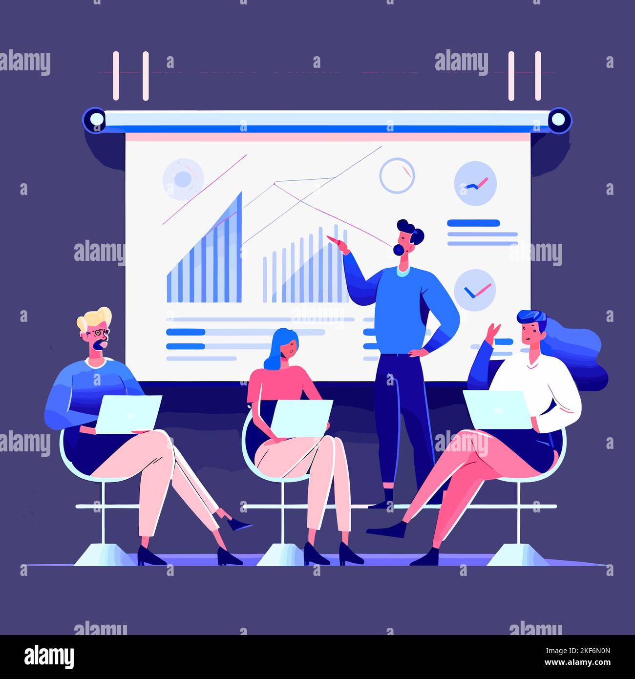 A vector of a company discussion with a presentation on a purple ...