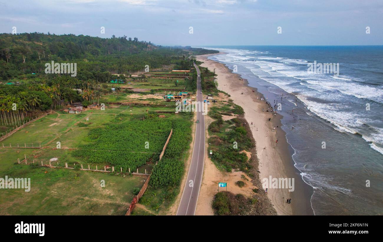 Aerial view Cox's Bazar Sea Beach and Marine Drive Road. Cox's Bazar is the world's largest ...