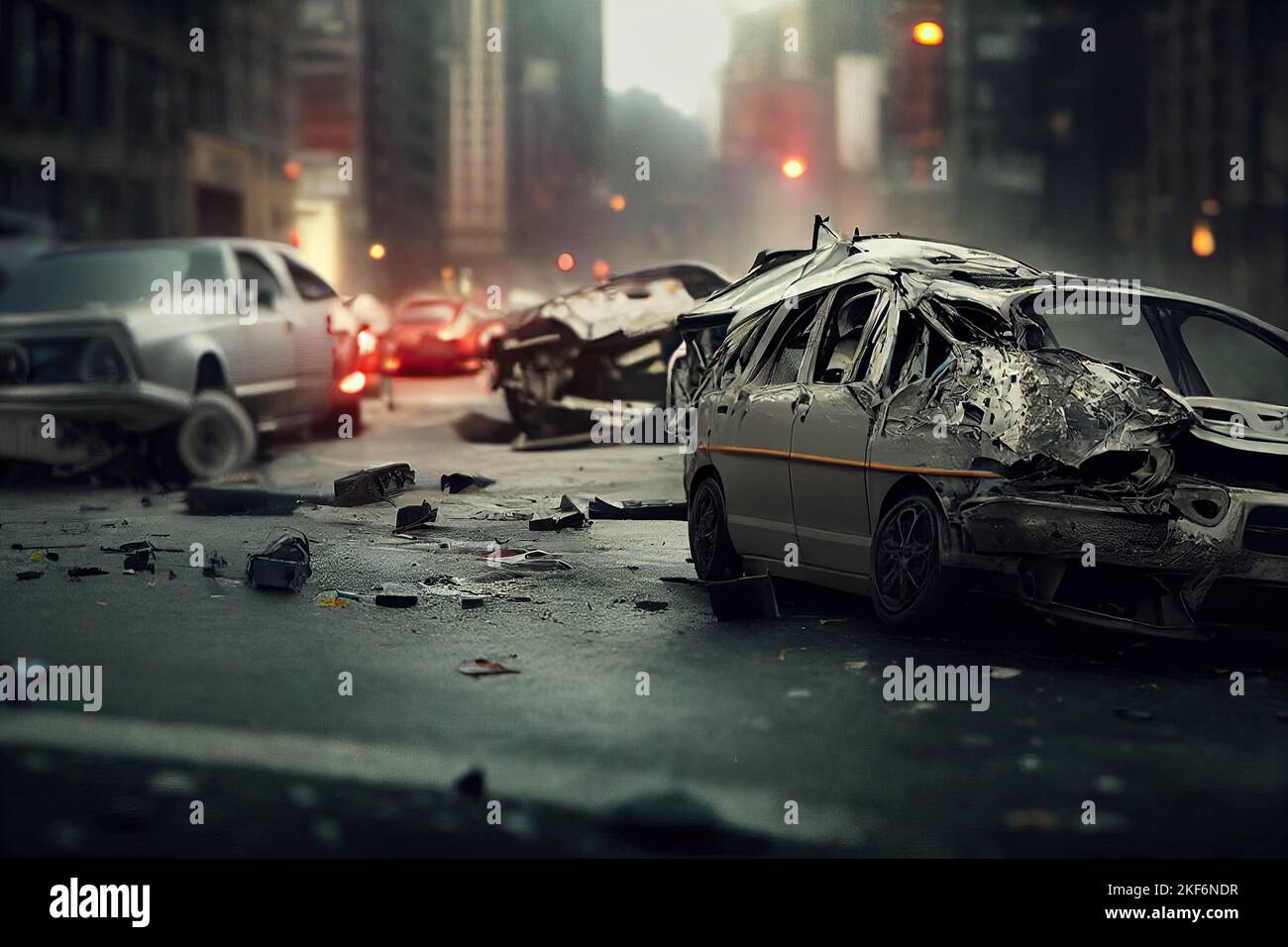 Cars in an urban area was cause damage and broken car wrecks. After ...