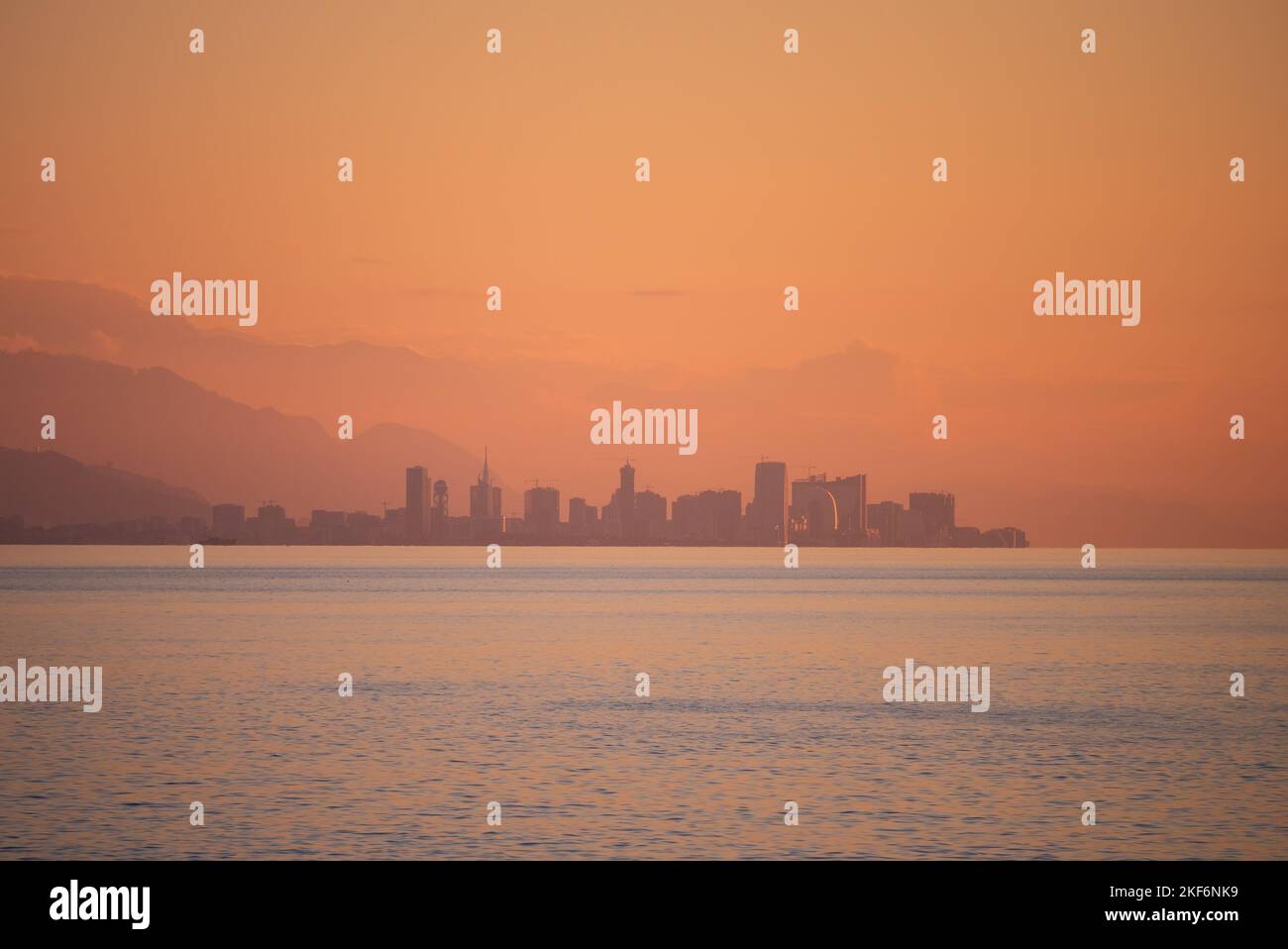 Panorama of Batumi, Adjara, Georgia at sunset. Silhouettes of tall ...