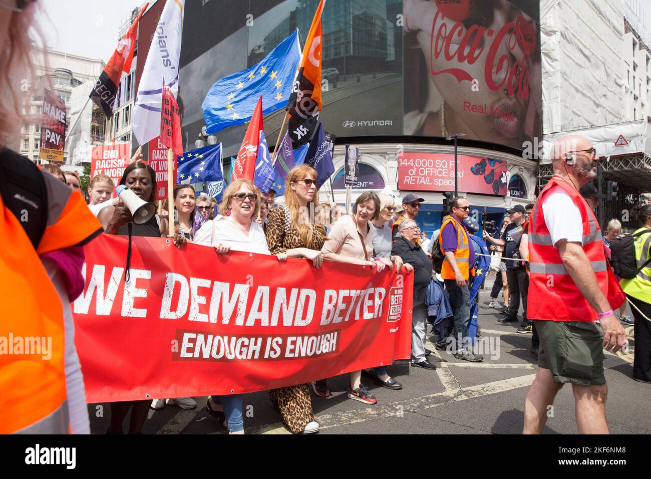 Angela Rayner MP of Labour Party is seen behind a banner as ...