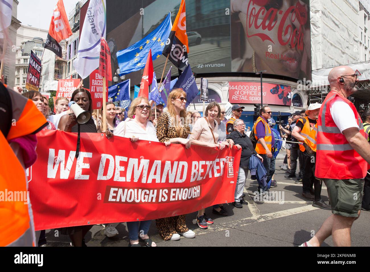 Angela Rayner MP of Labour Party is seen behind a banner as ...