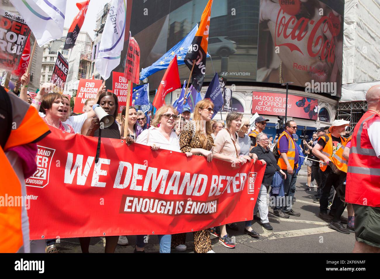 Angela Rayner MP of Labour Party is seen behind a banner as ...
