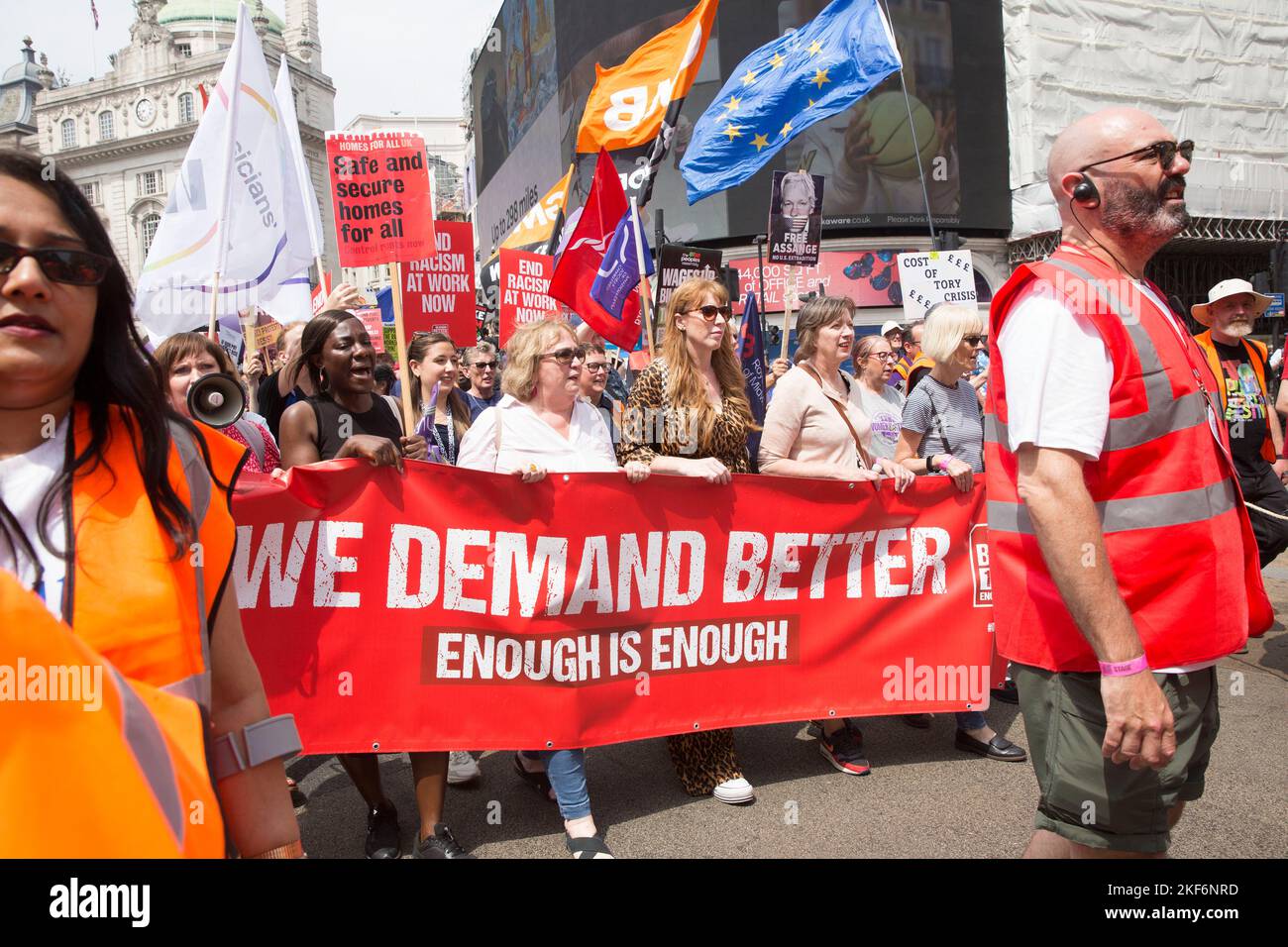 Angela Rayner MP of Labour Party is seen behind a banner as ...