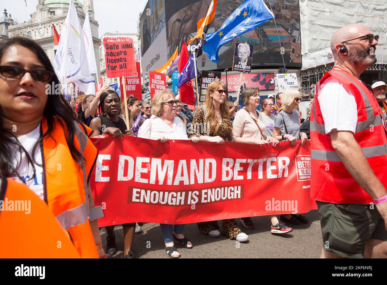 Angela Rayner MP of Labour Party is seen behind a banner as ...