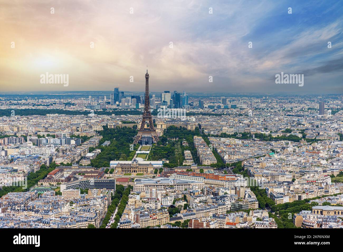 Aerial city view of Paris with the Eiffel Tower and La Defense Stock ...