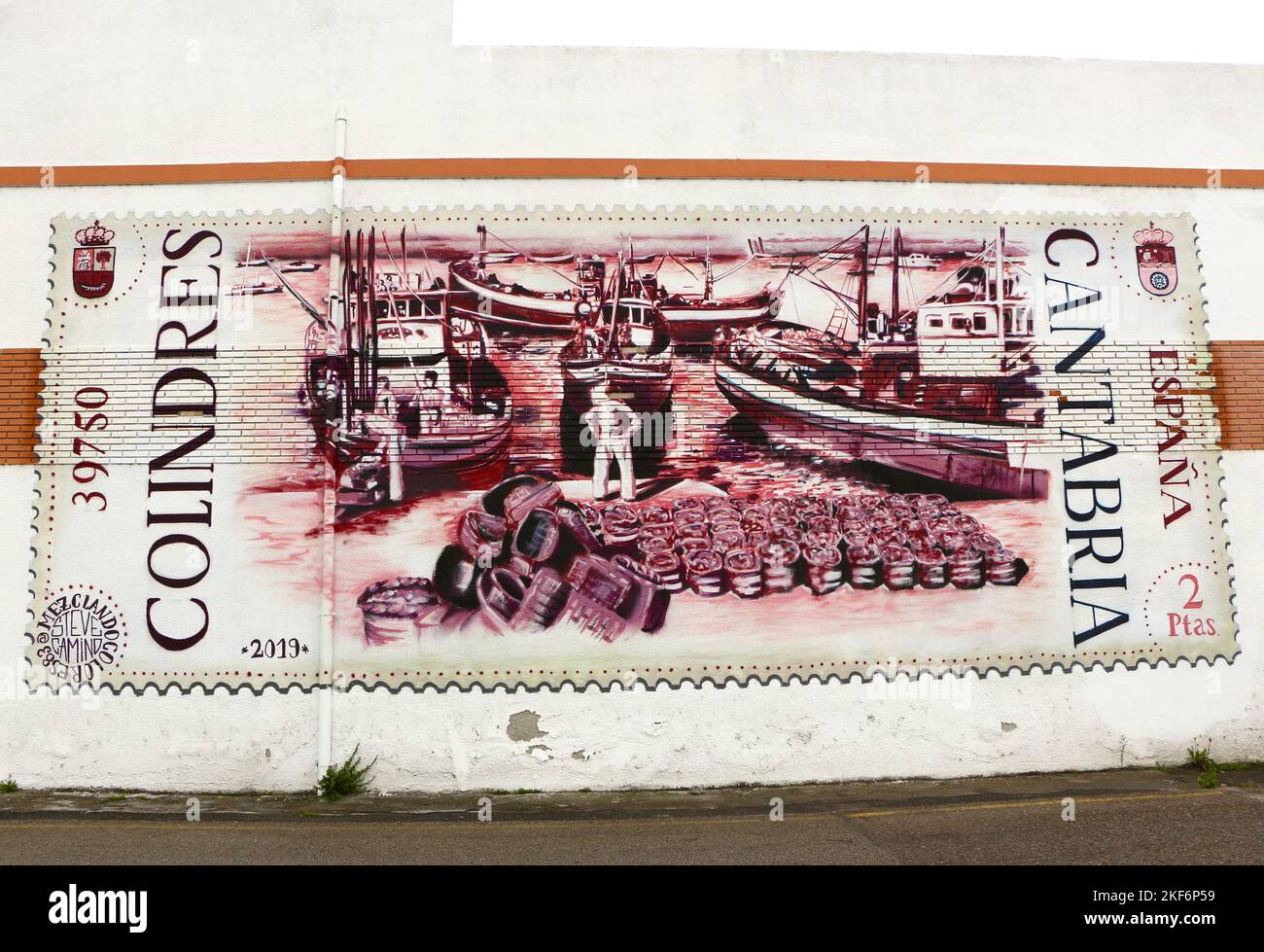 Painted large postage stamp on a wall Cofradía de pescadores San Ginés ...