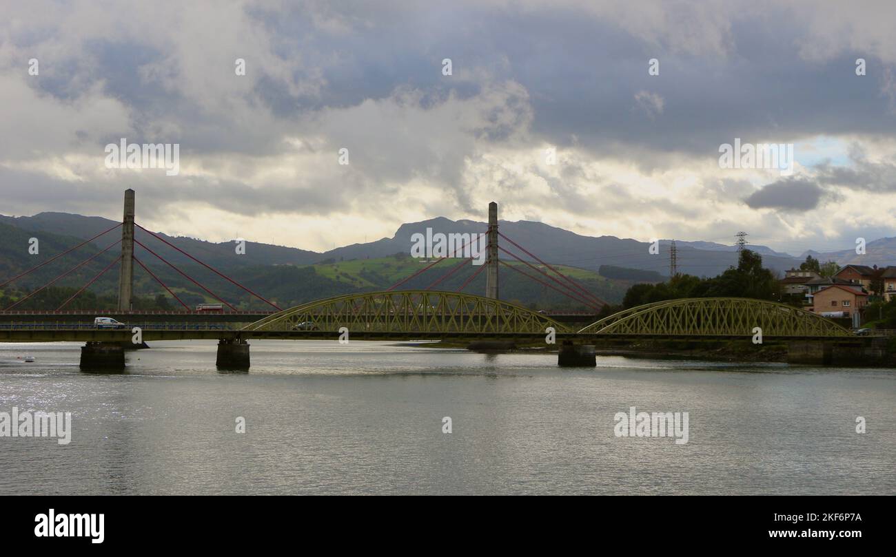Viaduct cable-stayed A-8 motorway bridge behind the old steel swing ...