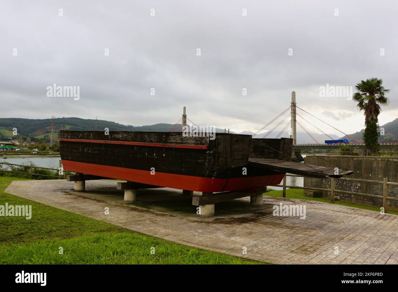 Wooden hand operated cable ferry boat La Barca de Treto on display next ...