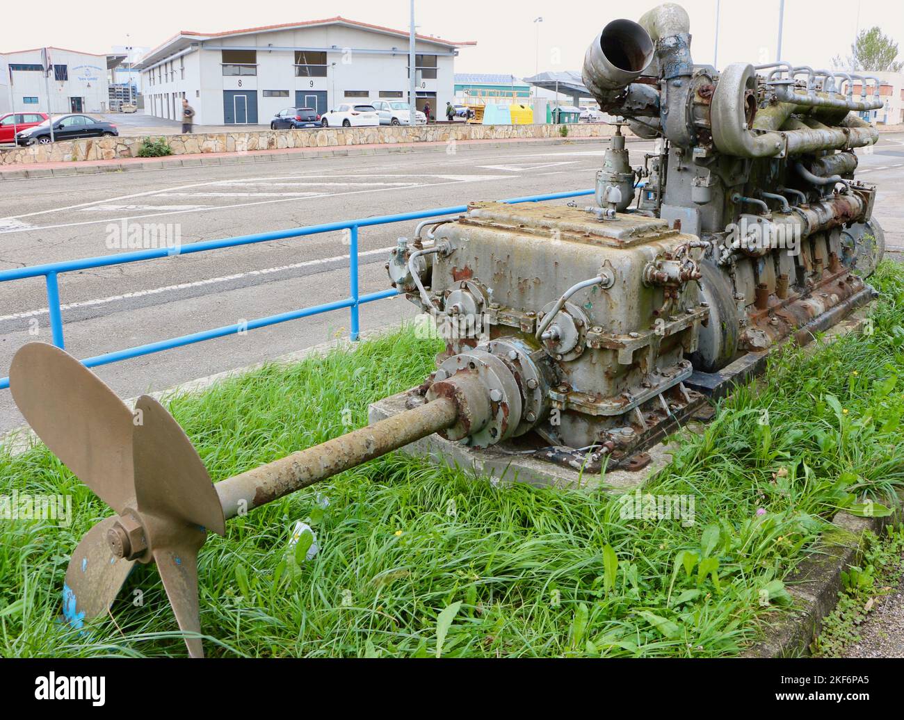 Roadside rusting marine engine on display Colindres Cantabria Spain ...