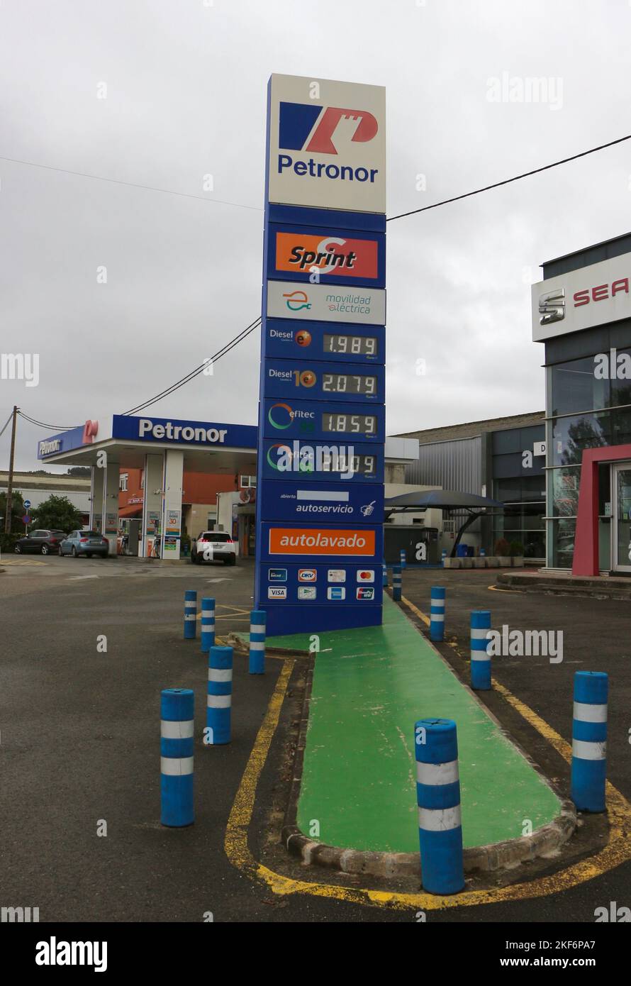 Petronor petrol station sign with current diesel and petrol prices ...