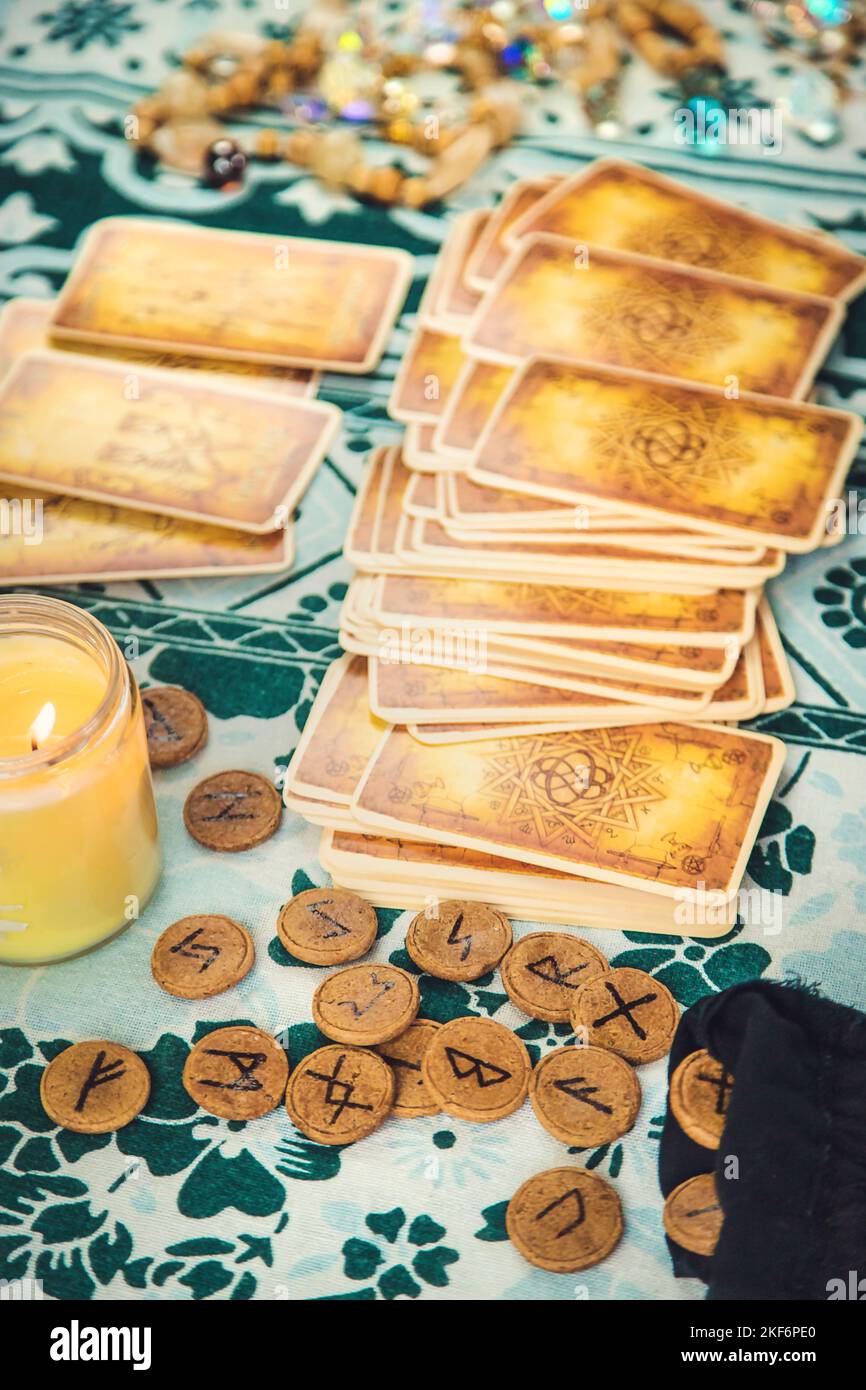 Tarot cards on the table. Selective focus. Magic Stock Photo - Alamy