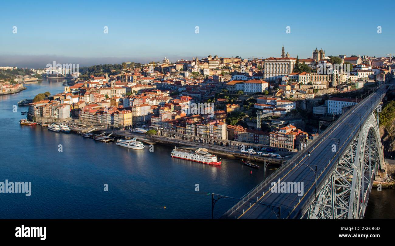 An aerial view of Ponte Dona Maria Pia bridge before the Vila Nova de ...