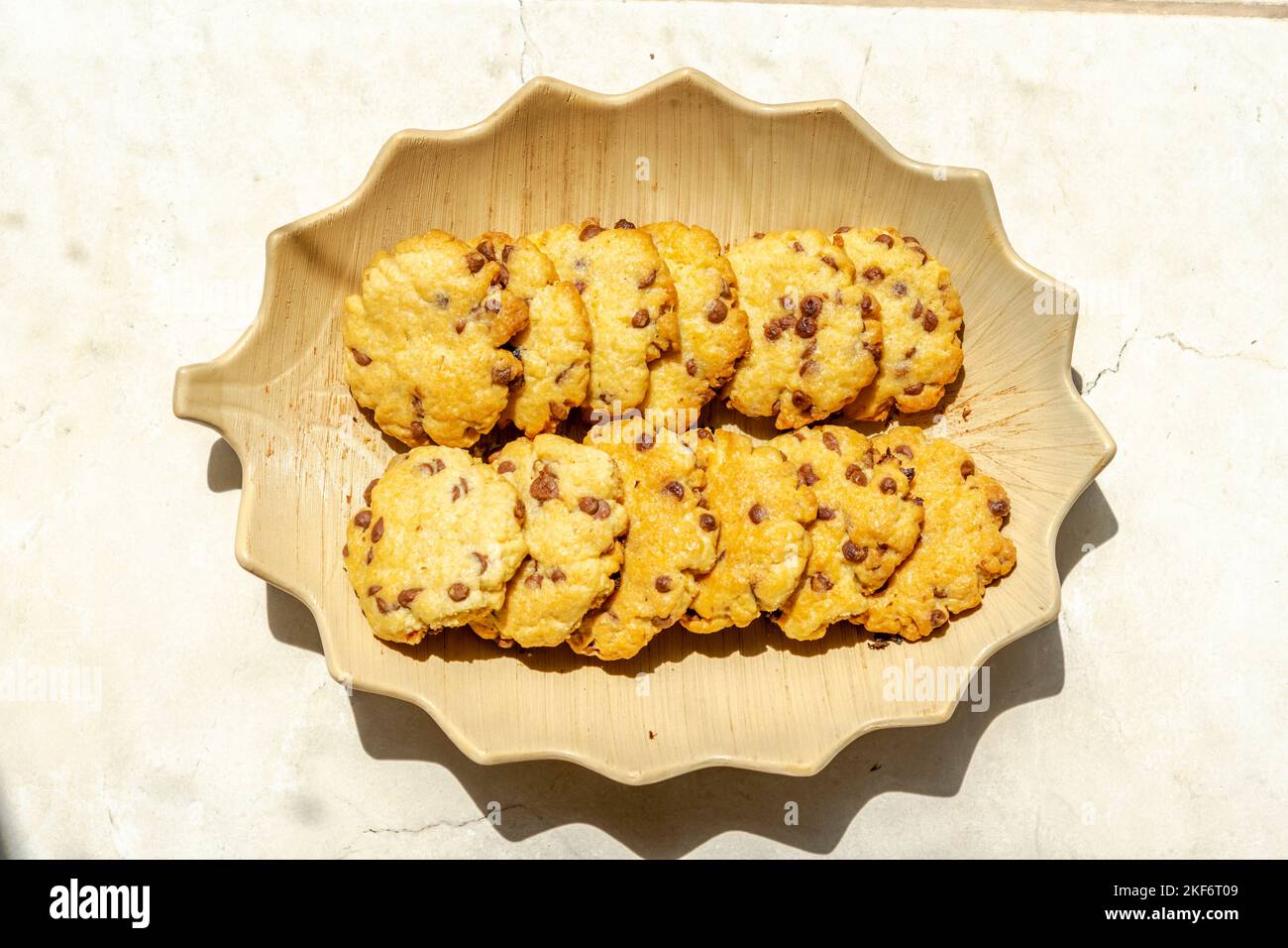 Cookies baked with chocolate chips. Directly above macrophotography of ...