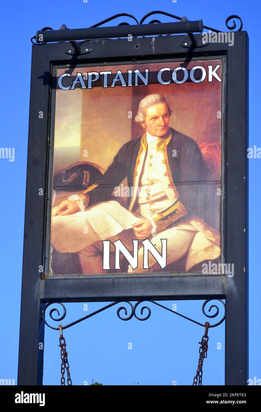 Sign "Captain Cook Inn " in the historic fishing village of Staithes ...