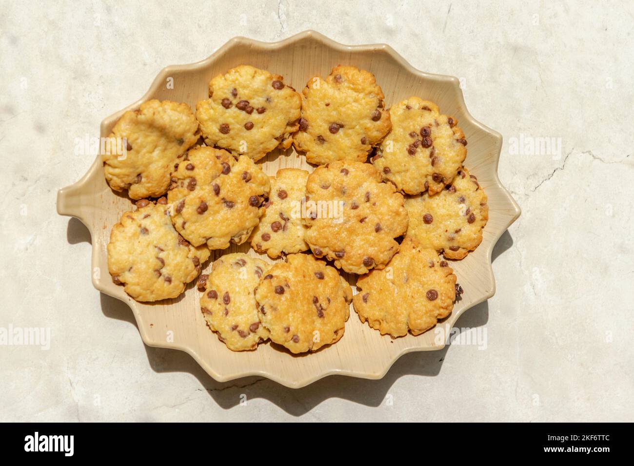 Cookies baked with chocolate chips. Directly above macrophotography of ...