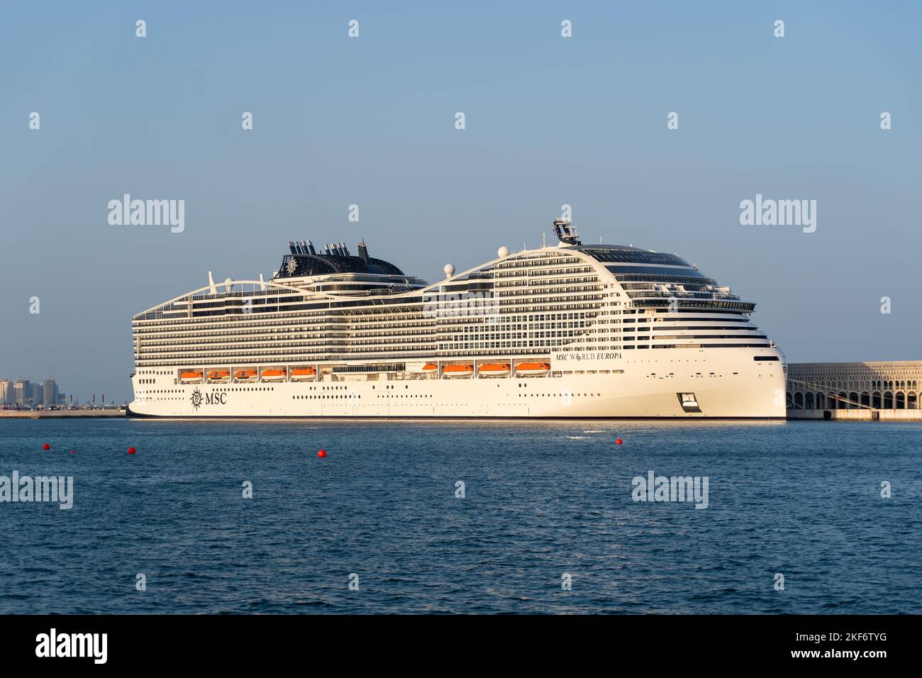 The MSC World Europa cruise ship hotel at the old port of Qatar Stock ...