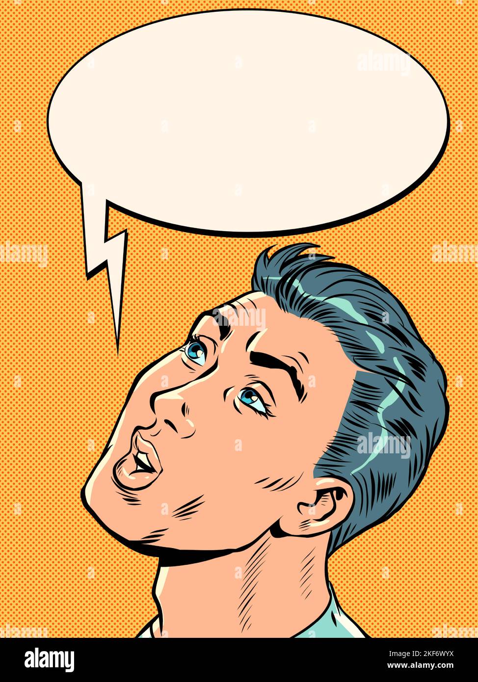 Pop art handsome man looks up with surprise. Large face. Businessman ...