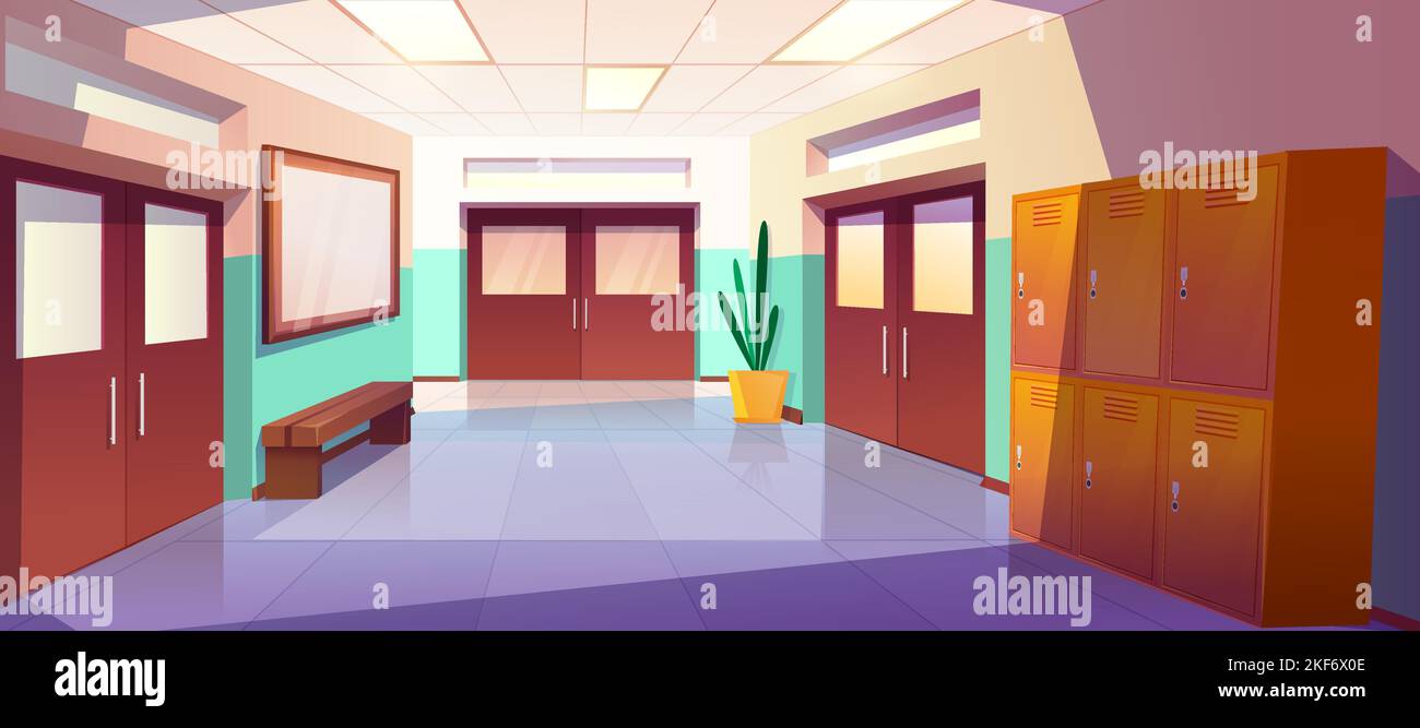 Vector cartoon school hallway interior with metal lockers, ceiling ...