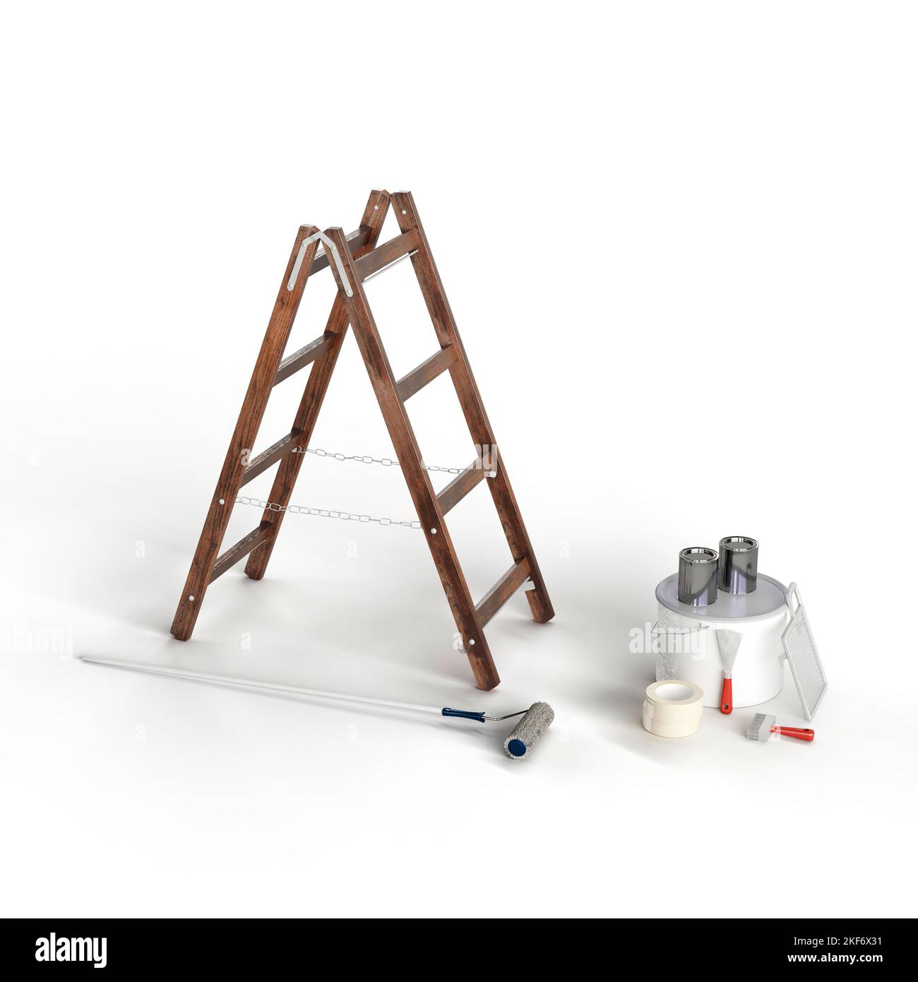 A 3d ladder with a roller brush and paint jars isolated on a vertical ...