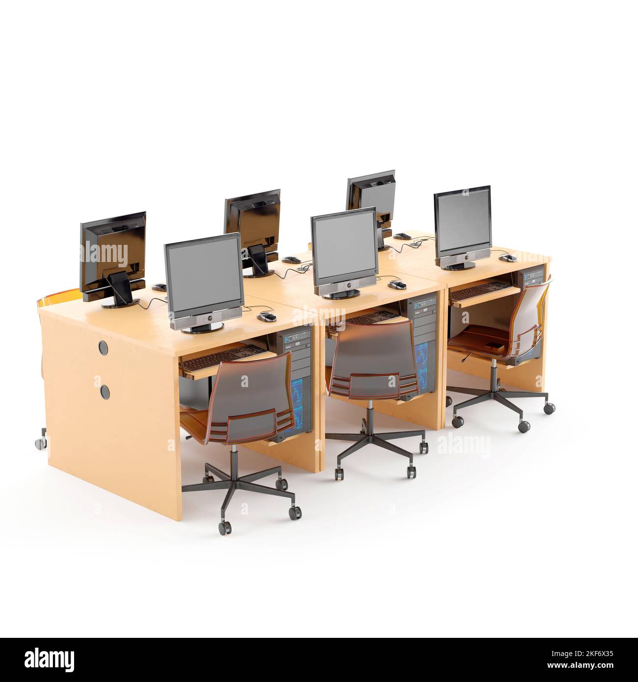 A 3d desk with computers isolated on a white background. Modern ...