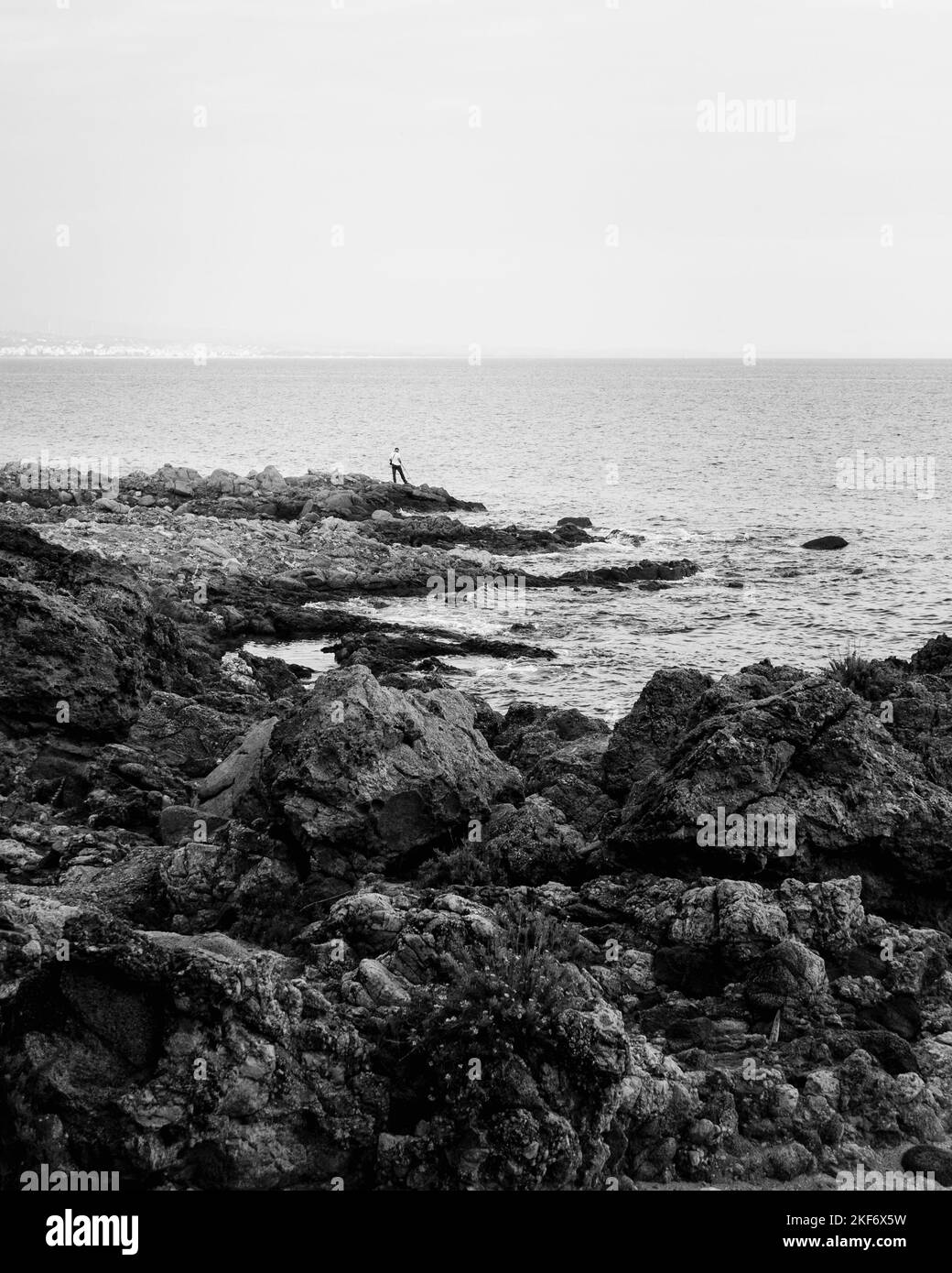 A greyscale of an ocean with rocks and sands Stock Photo - Alamy