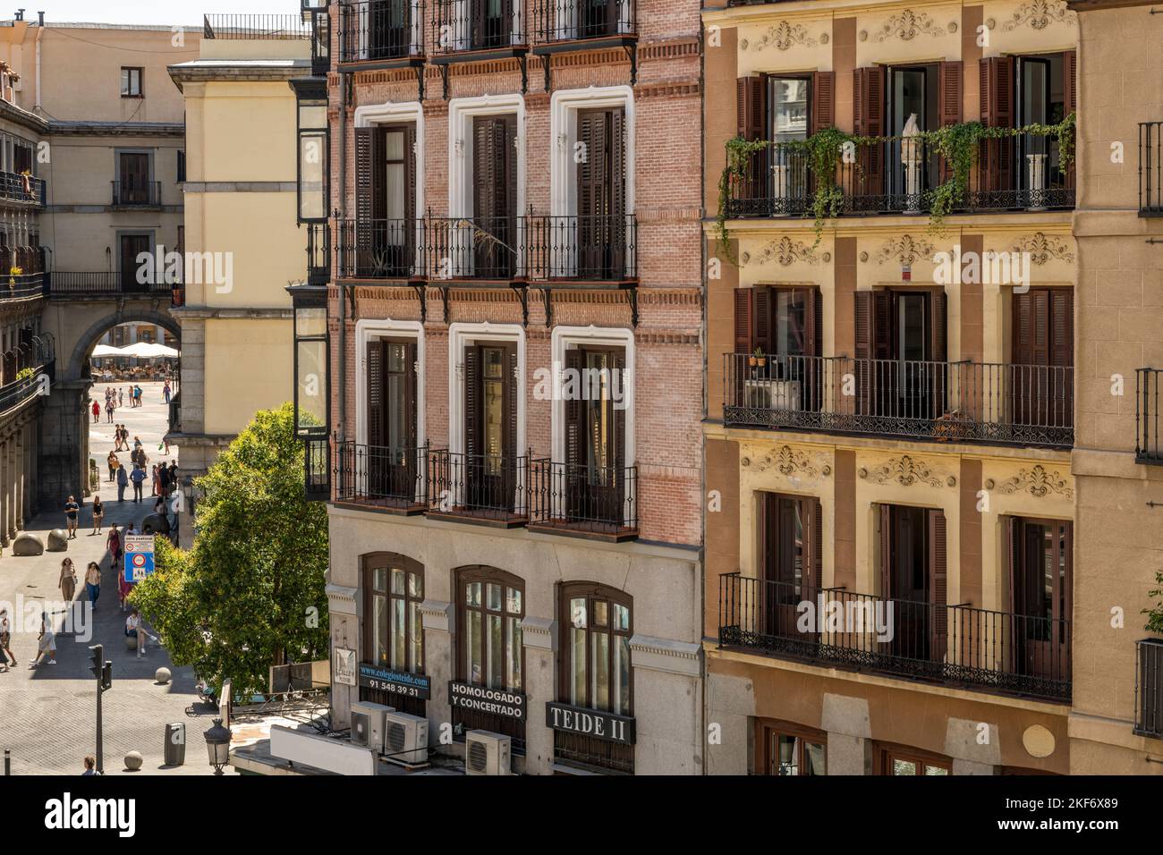 Facades of vintage houses near the Plaza Mayor in Madrid Stock Photo ...
