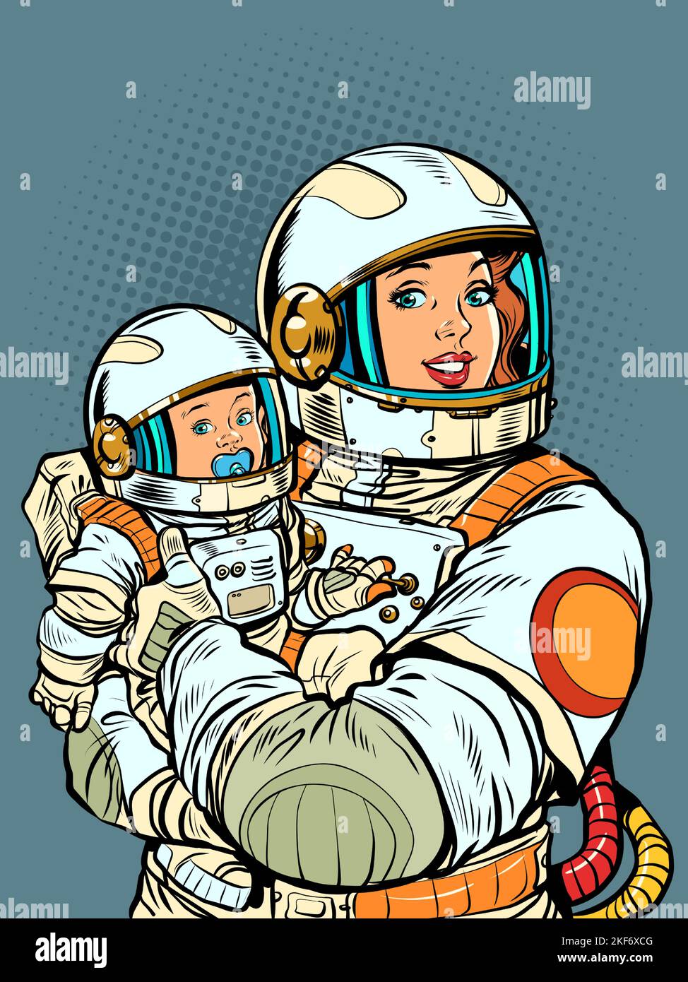 Joyful mother astronaut with a baby in her arms. Mothers Day. Pop art ...