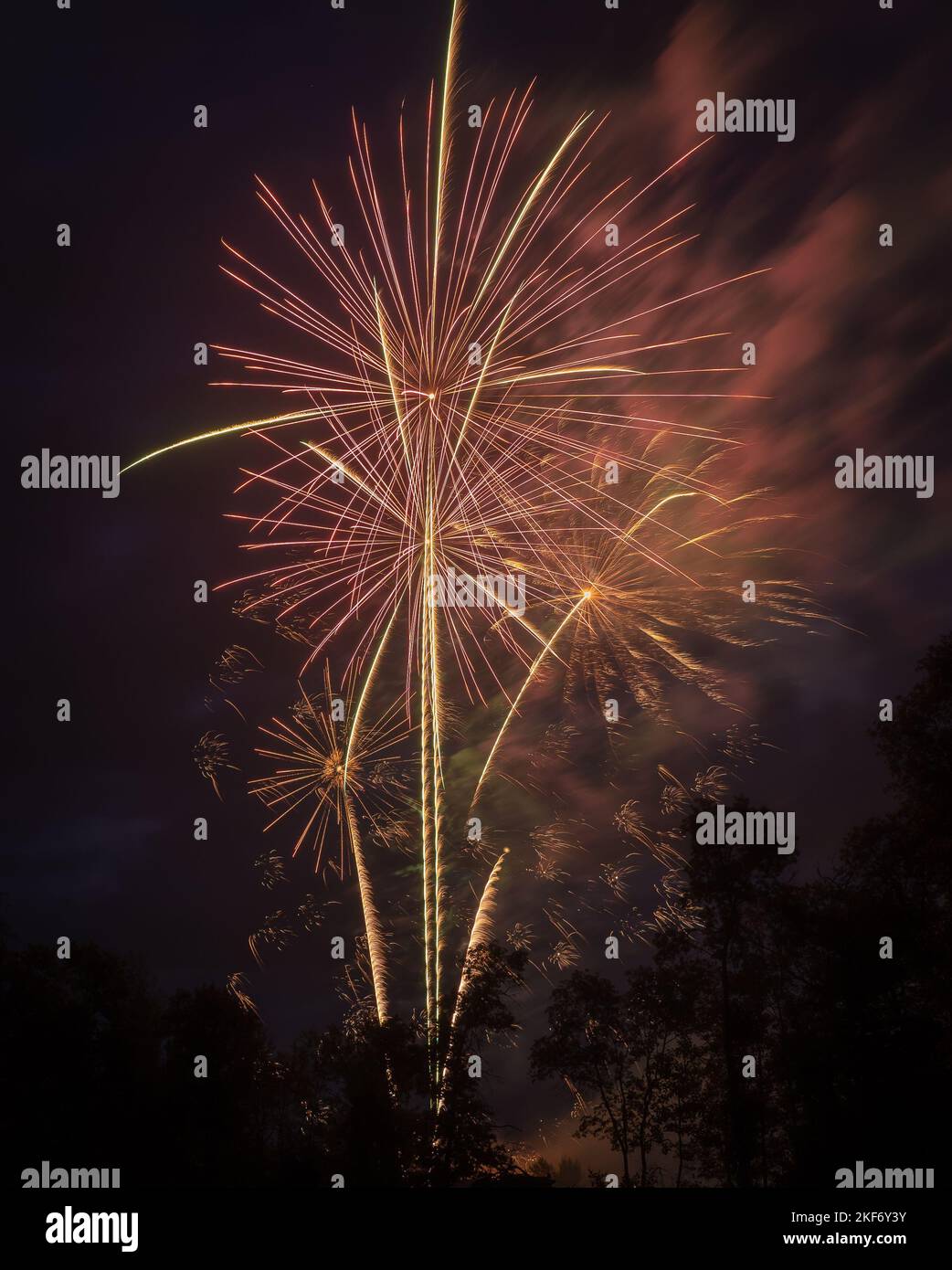 Multiple fireworks explode in the night sky during a 4th of July ...