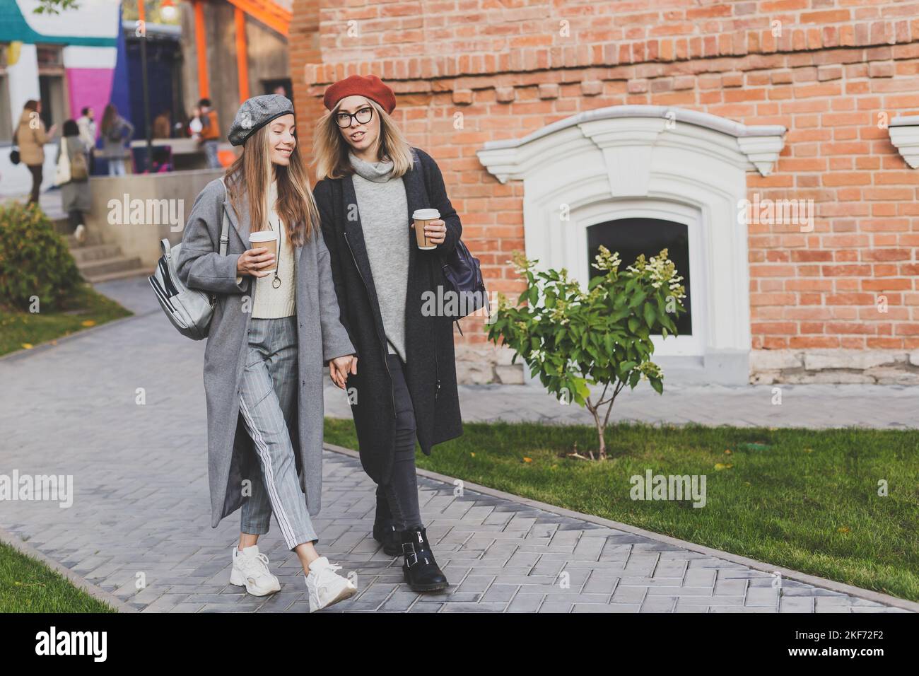 Young female best friends talking to each other discussing interesting ...