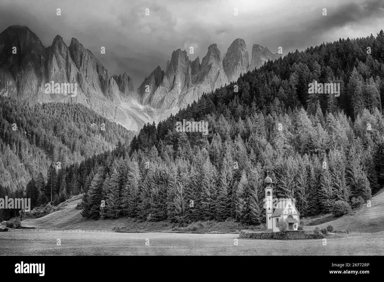 ranui church in south tyrol funes valley dolomites italy view in b&w ...