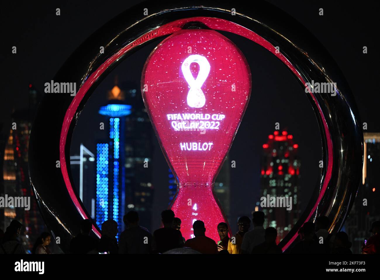 Doha, Qatar. 16th Nov, 2022. The World Cup clock, which shows the time ...