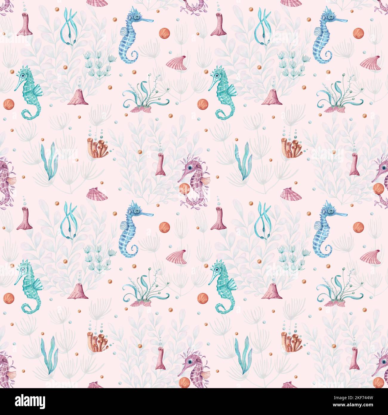 Watercolor underwater seamless pattern of seahorse, laminaria and coral ...