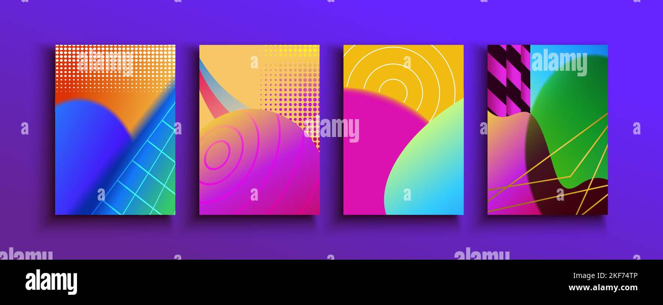 Greeting card set of retro futuristic shapes in colorful 3d vector ...