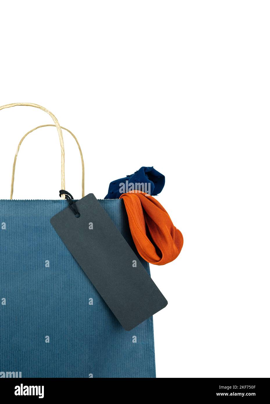 Blue paper bag with black label without text on white background. Sale ...