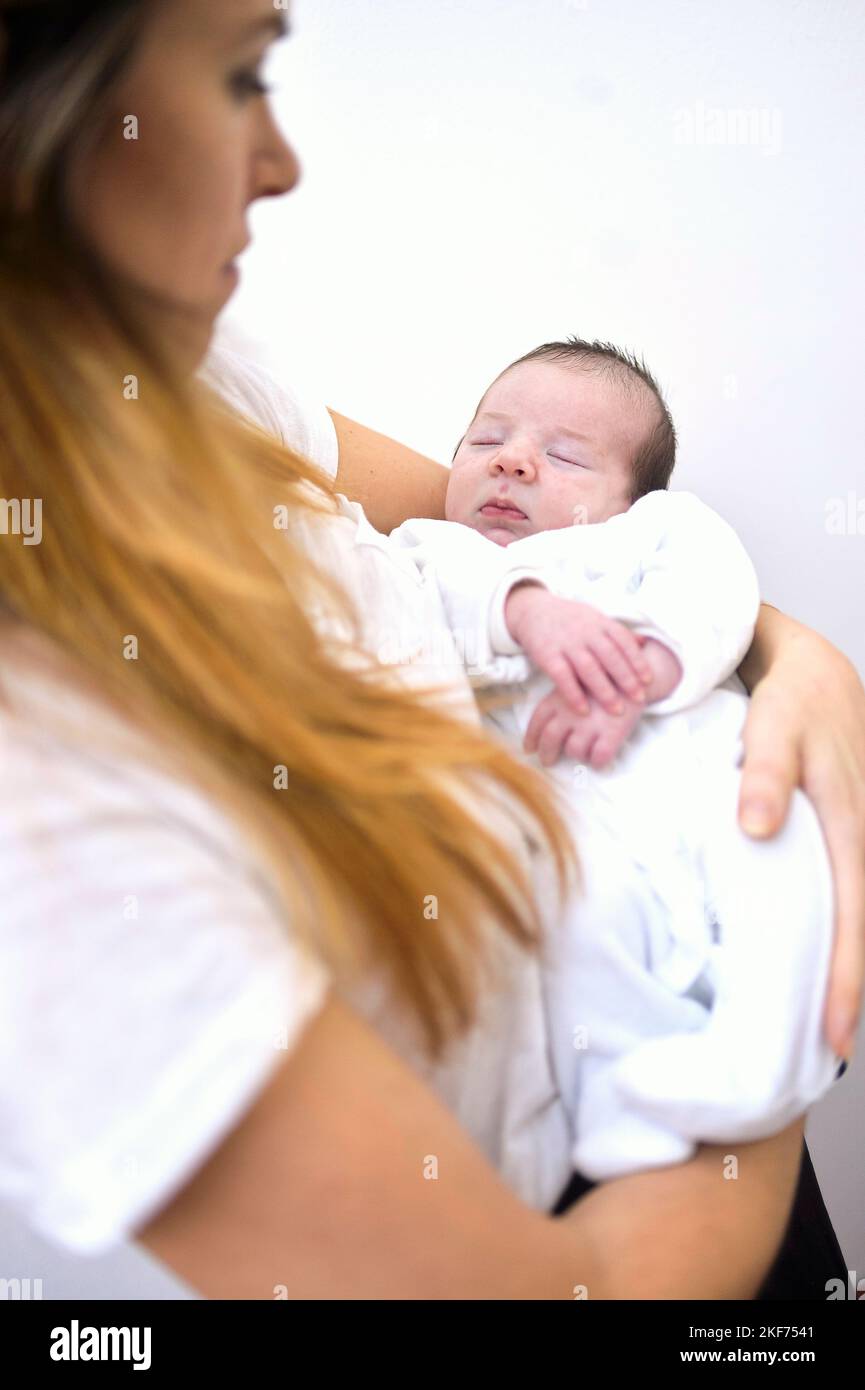 Illustration picture shows a white baby just born in a maternity ...