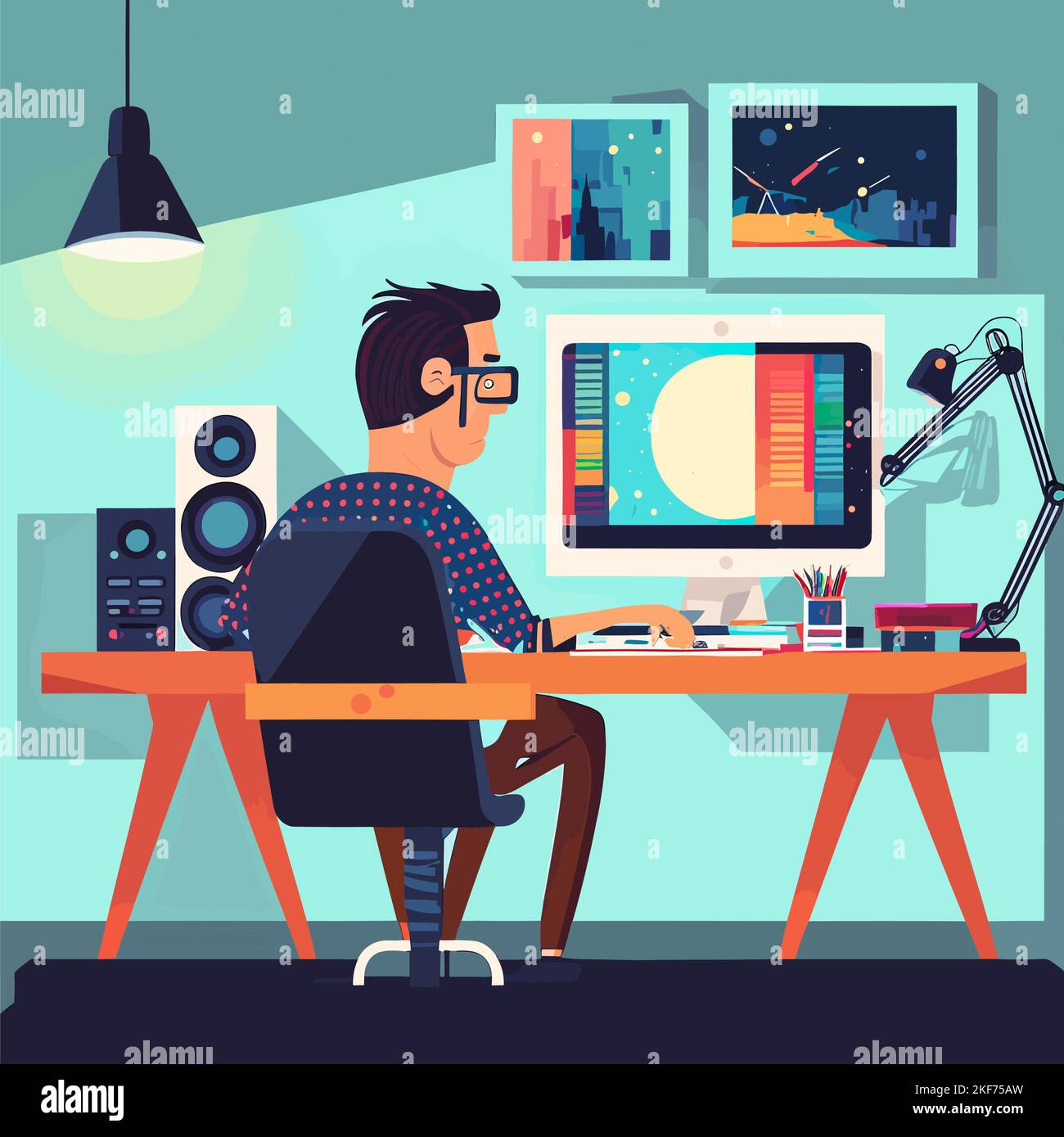 A vector illustration of a man working at his modern computer desk ...