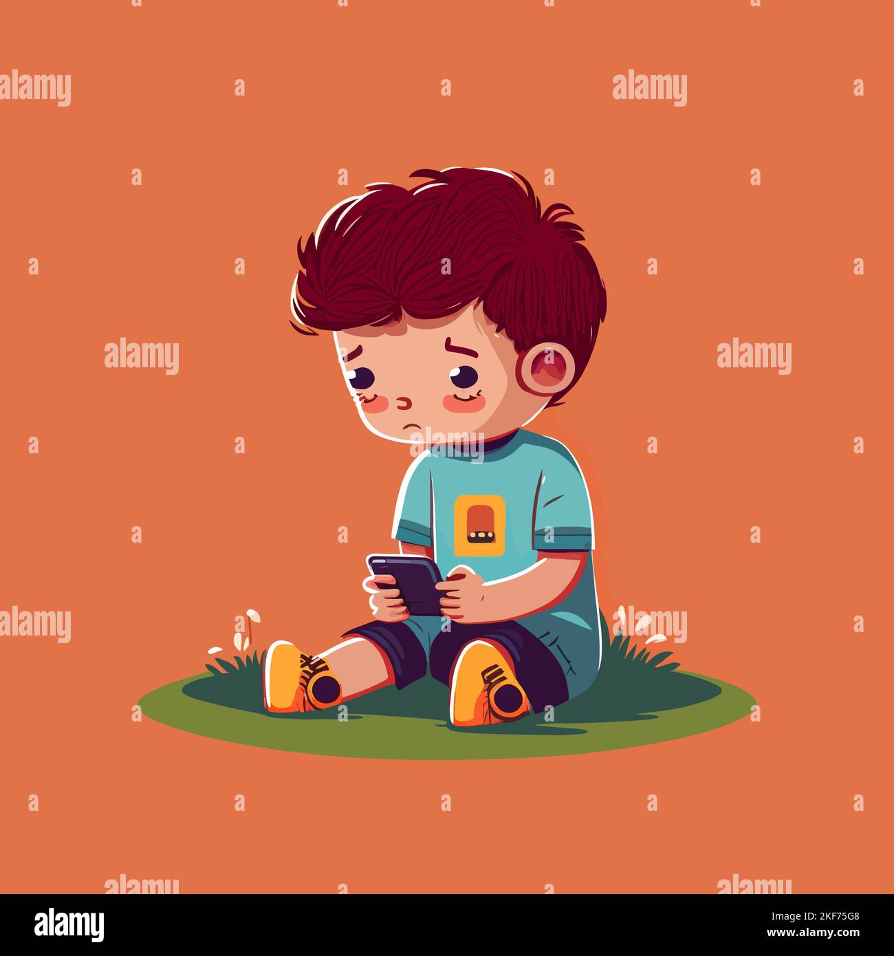 A vector illustration of a sad young boy playing with a smartphone ...
